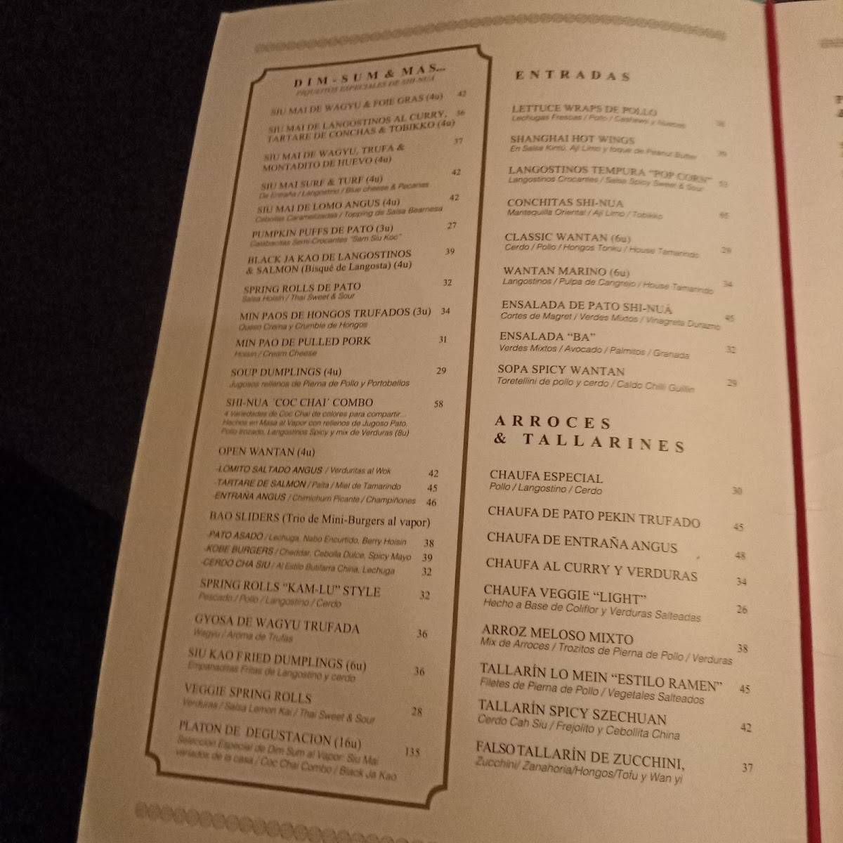 Carta del restaurante Shi-Nua, Lima