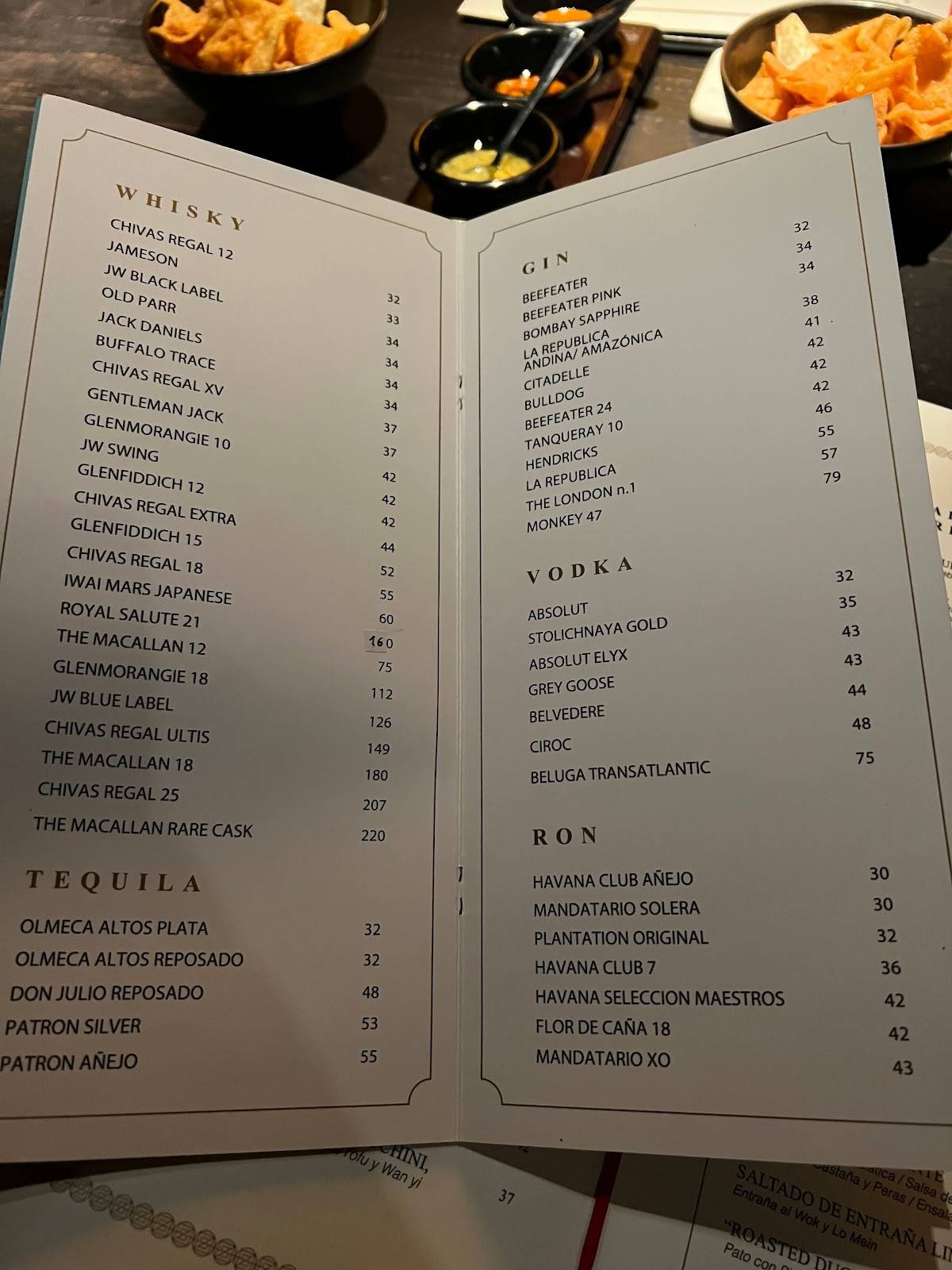 Carta del restaurante Shi-Nua, Lima
