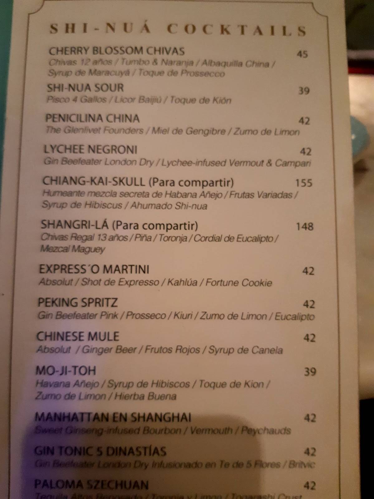 Carta del restaurante Shi-Nua, Lima