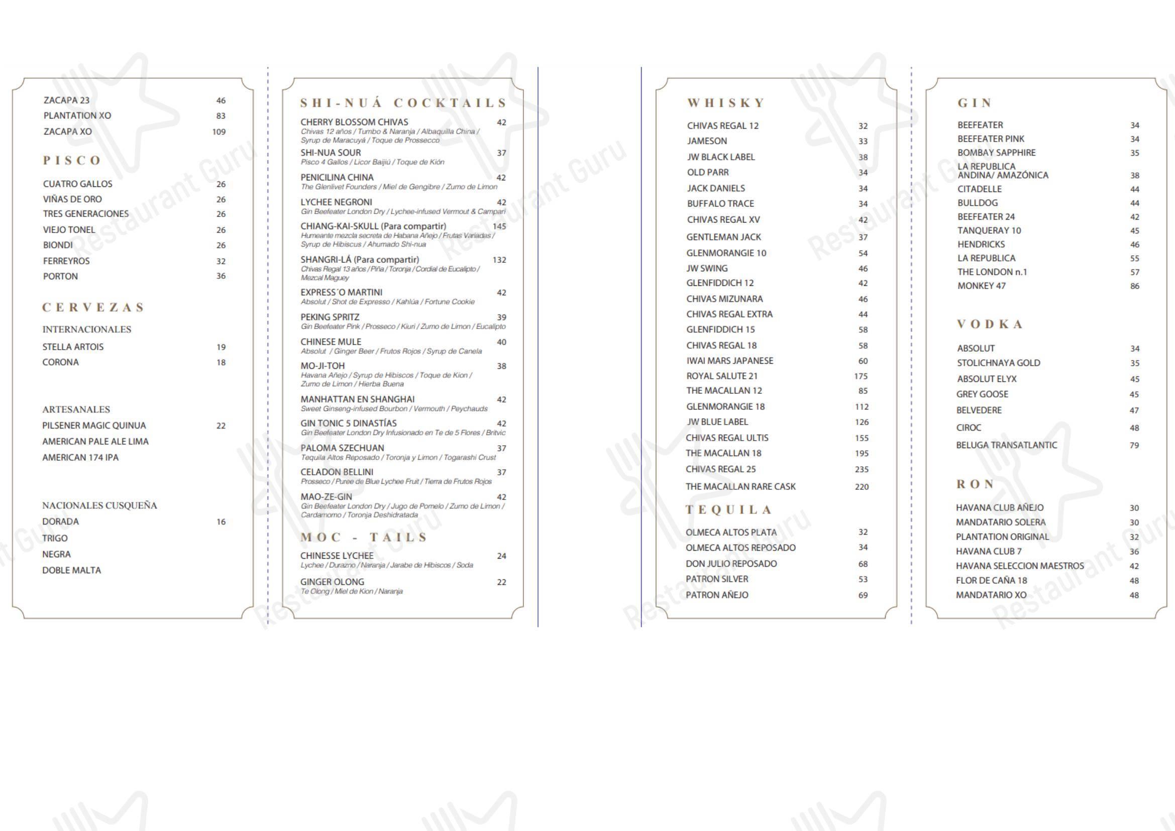 Carta del restaurante Shi-Nua, Lima