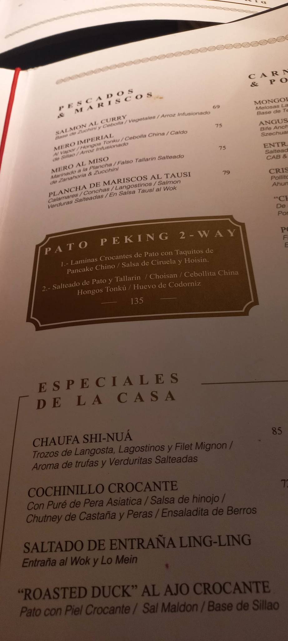 Carta del restaurante Shi-Nua, Lima