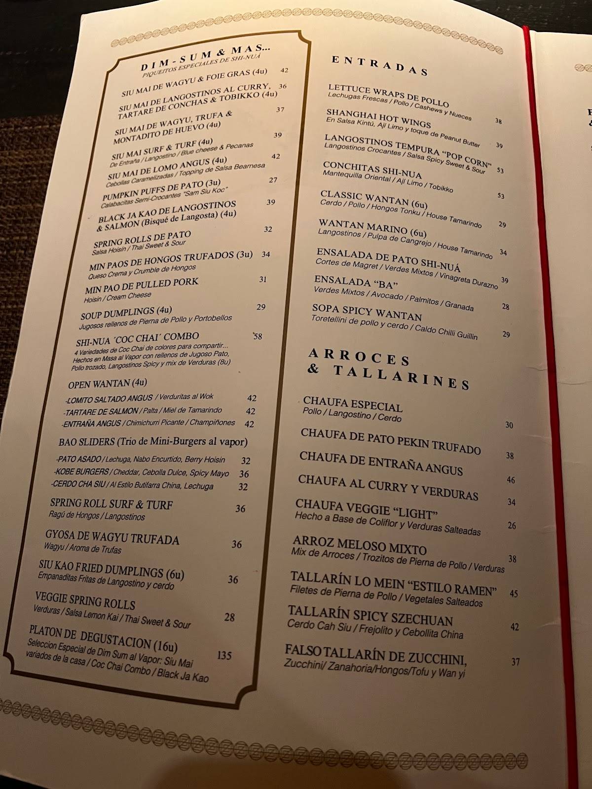Carta del restaurante Shi-Nua, Lima