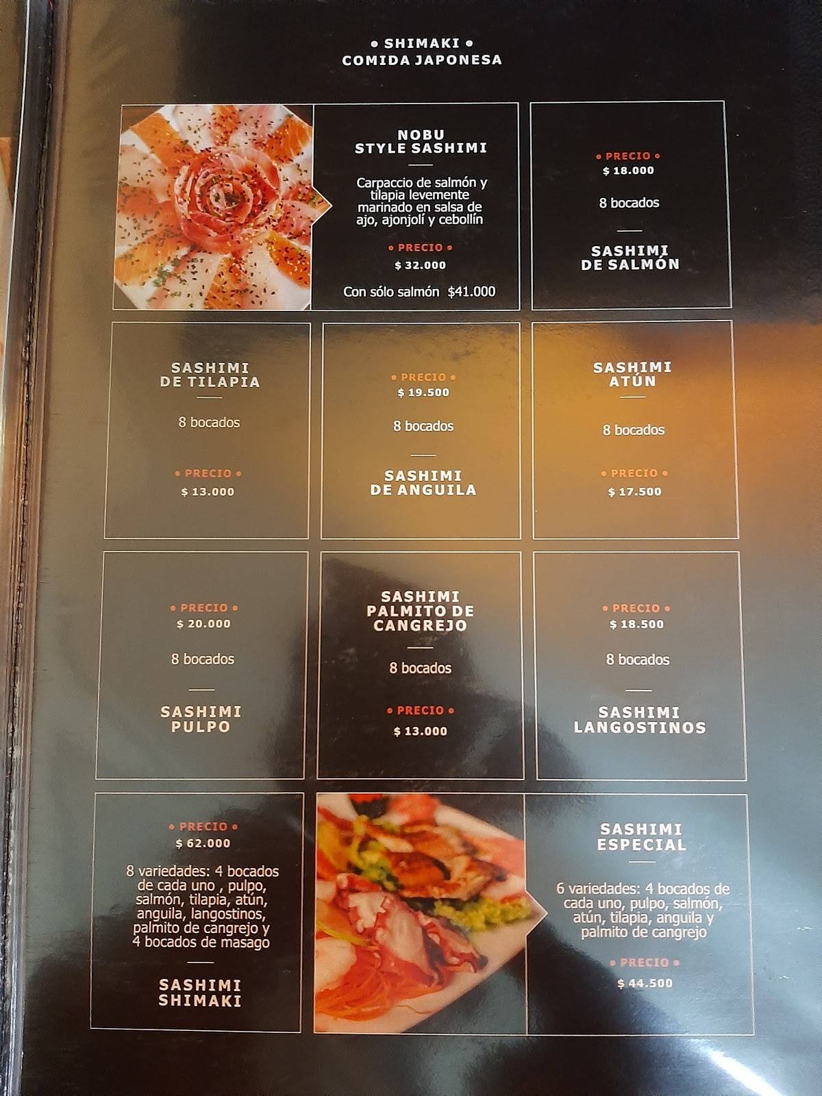 Carta del restaurante Shimaki, Bogotá, a 119-89