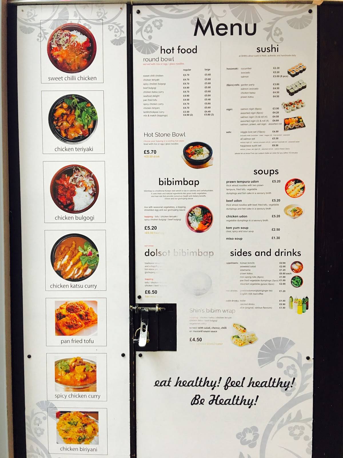 Menu at Shin’s Bibimbap restaurant, Woking