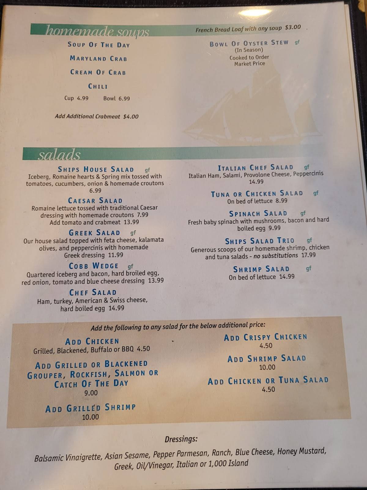 Menu at Ships Cafe Restaurant and Crab House, Catonsville