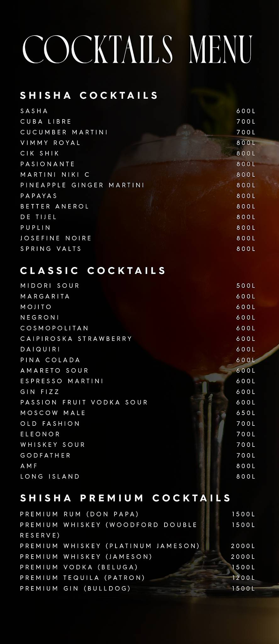 Menu at Shisha Room Food & Cocktail Bar, Tirana, Rruga Themistokli Gërmenji