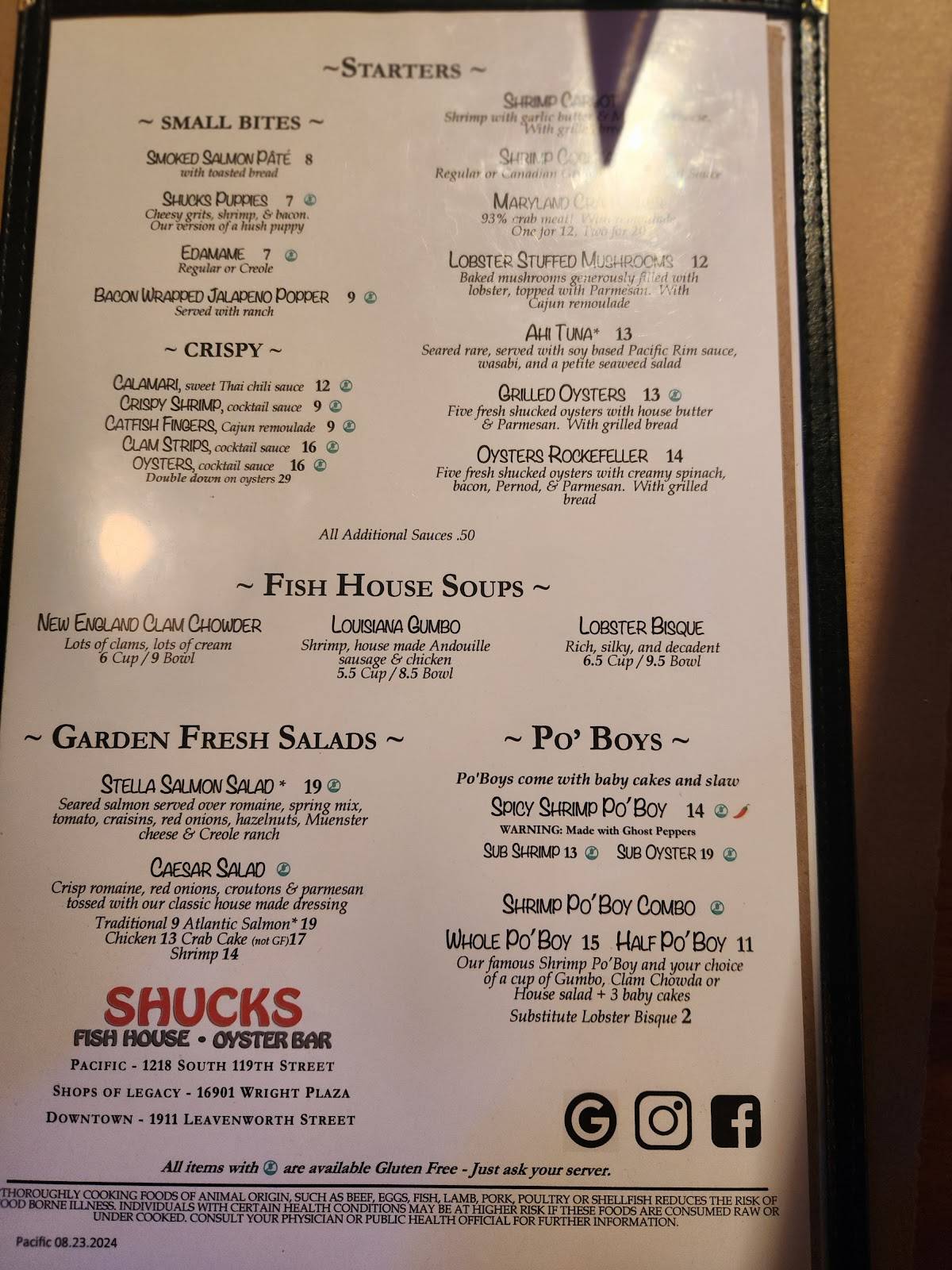 Menu at Shucks Fish House & Oyster Bar, Omaha, S 119th St