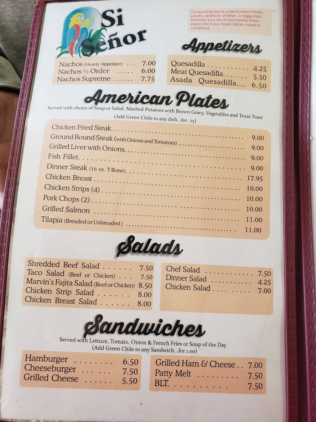Menu at Si Señor restaurant, Deming