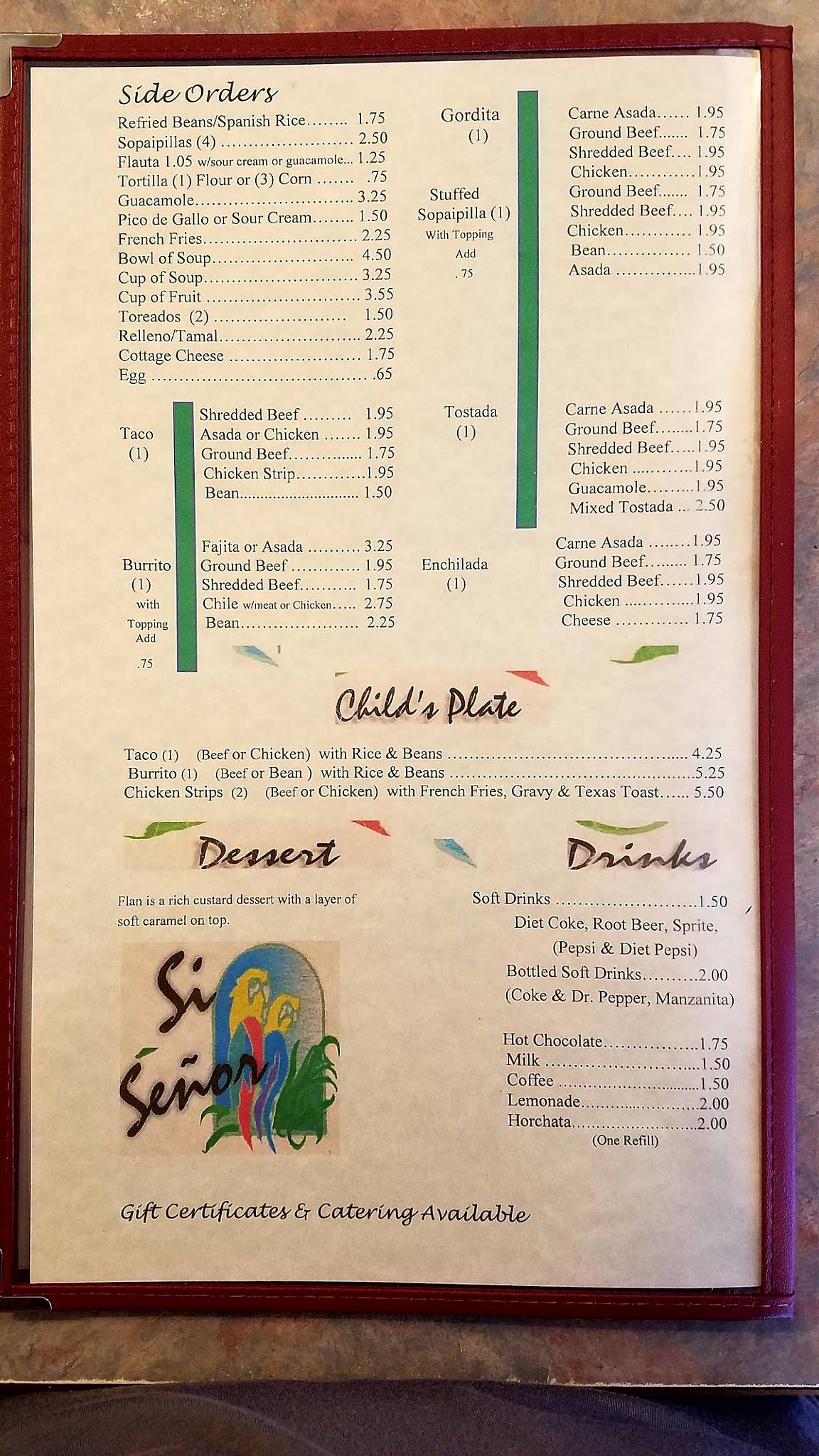 Menu at Si Señor restaurant, Deming