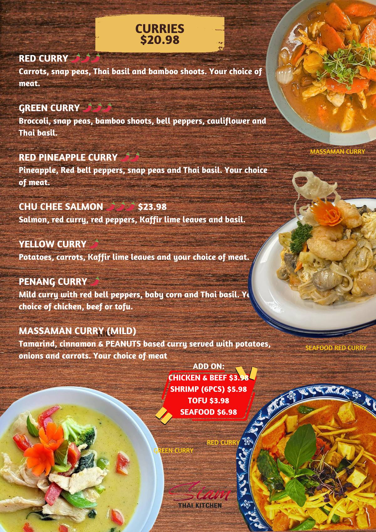 Menu at Siam Thai Kitchen (St. Albert Trail) restaurant, Edmonton