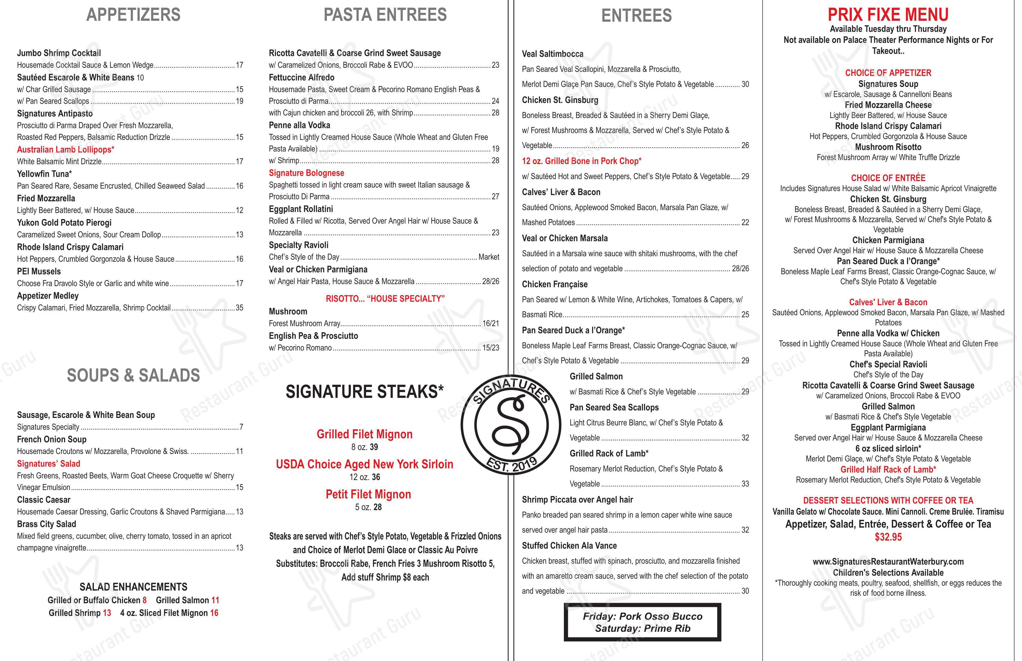 Menu at Signatures restaurant, Waterbury