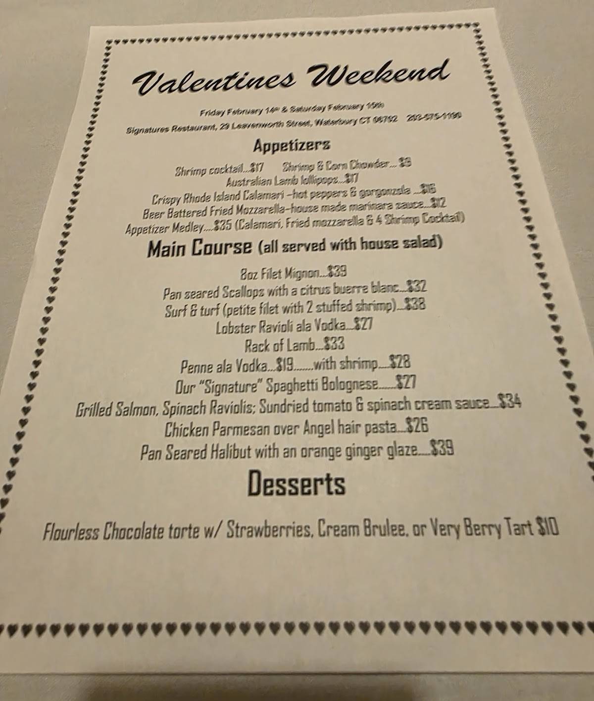 Menu at Signatures restaurant, Waterbury