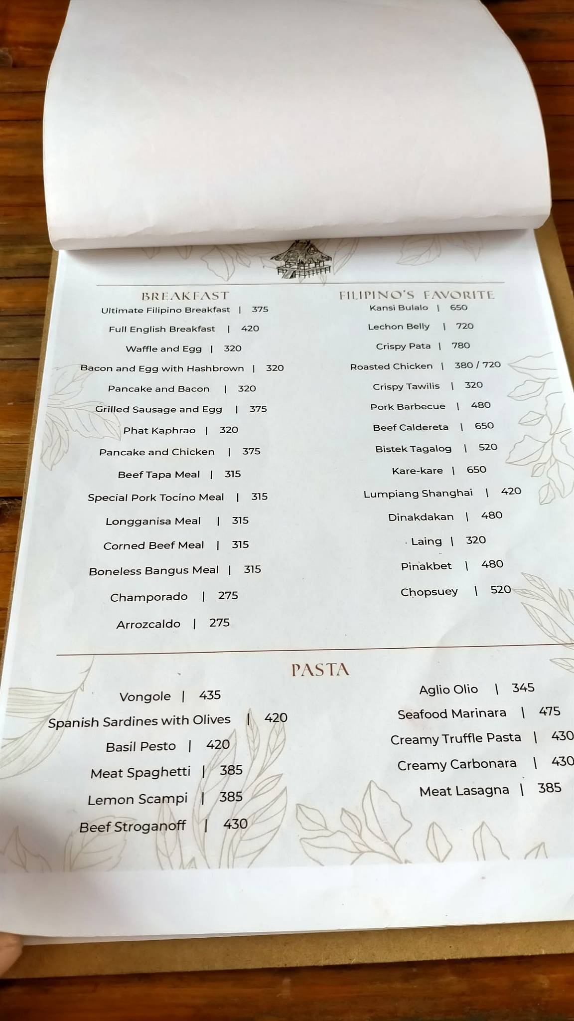 Menu at Pamahaw restaurant, Silang