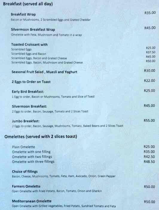 Menu at Silver Moon Deli restaurant, Cape Town