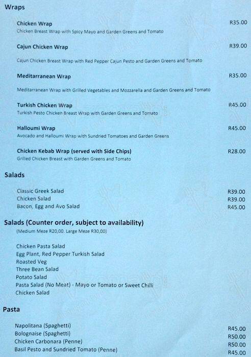 Menu at Silver Moon Deli restaurant, Cape Town