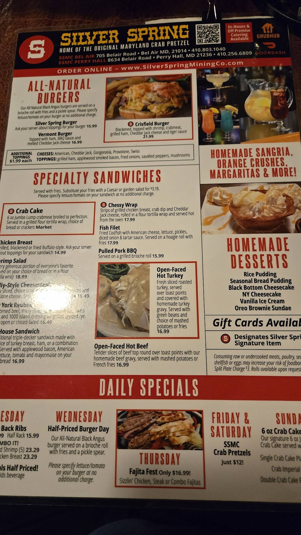 Menu at Silver Spring Mining Company pub & bar, Bel Air, 705 Belair Rd