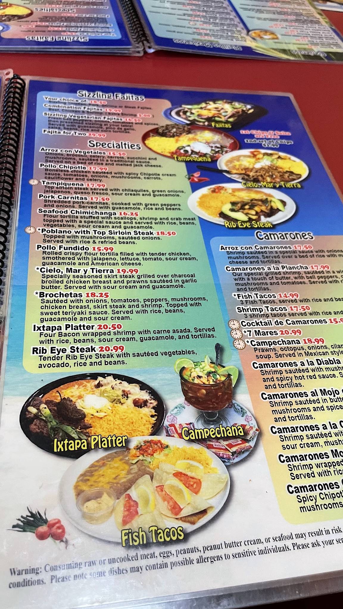 Menu at Ixtapa restaurant Silverton