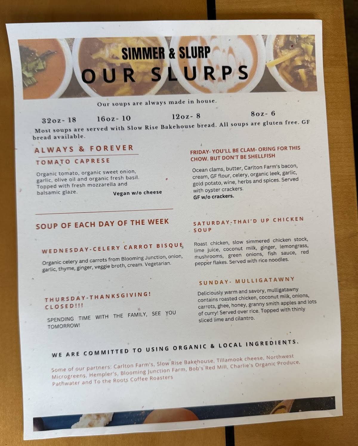 Menu at Simmer and Slurp restaurant, Forest Grove