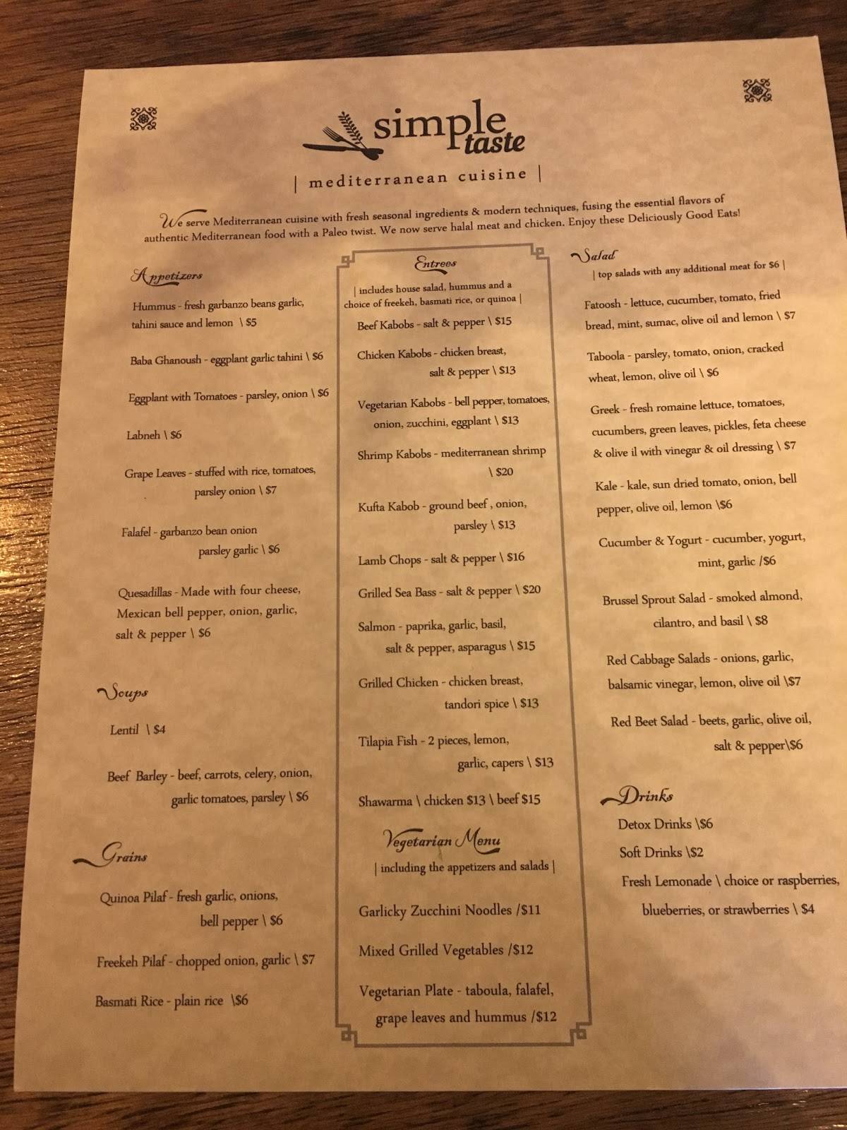 Menu at Simple Taste restaurant, Palos Heights