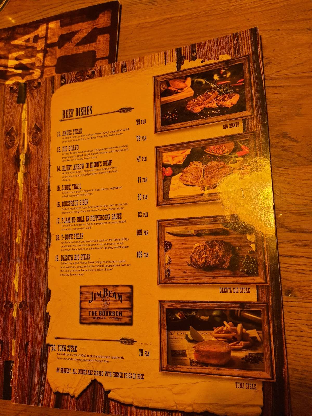 Menu at Sioux steakhouse, Kraków