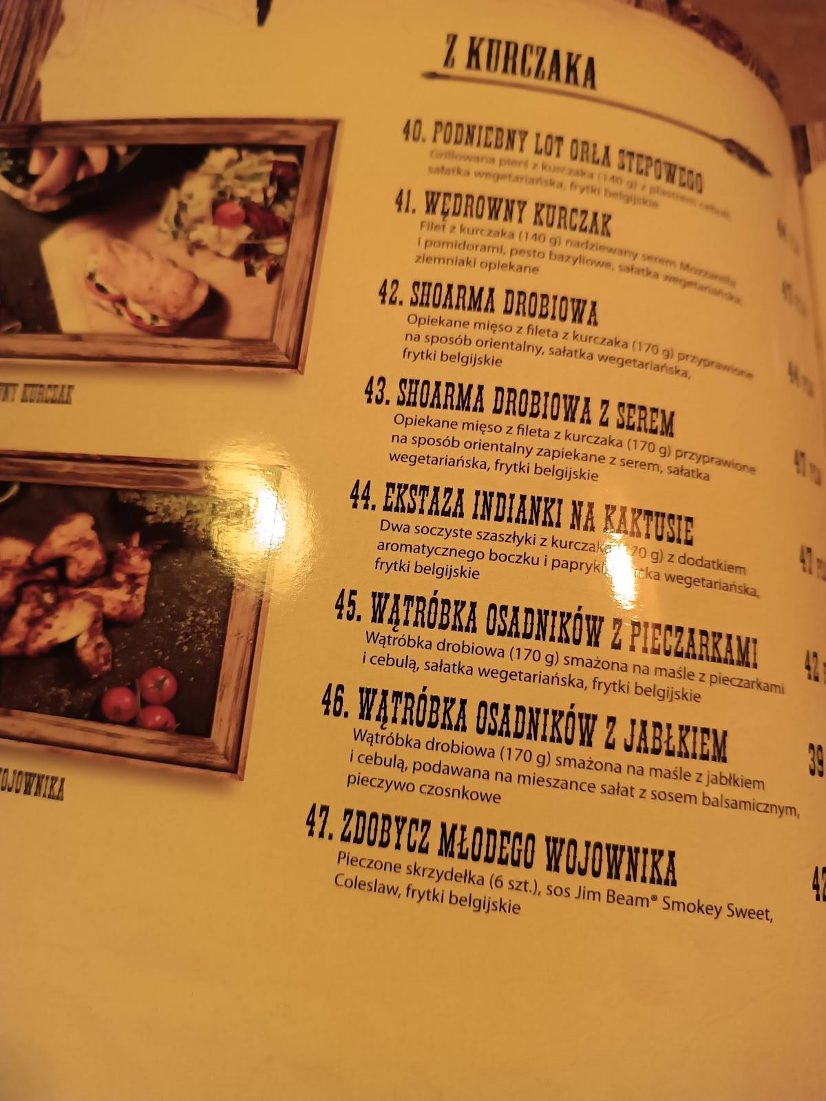 Menu at Sioux steakhouse, Kraków