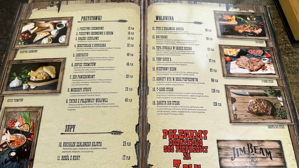 Menu at Sioux steakhouse, Kraków