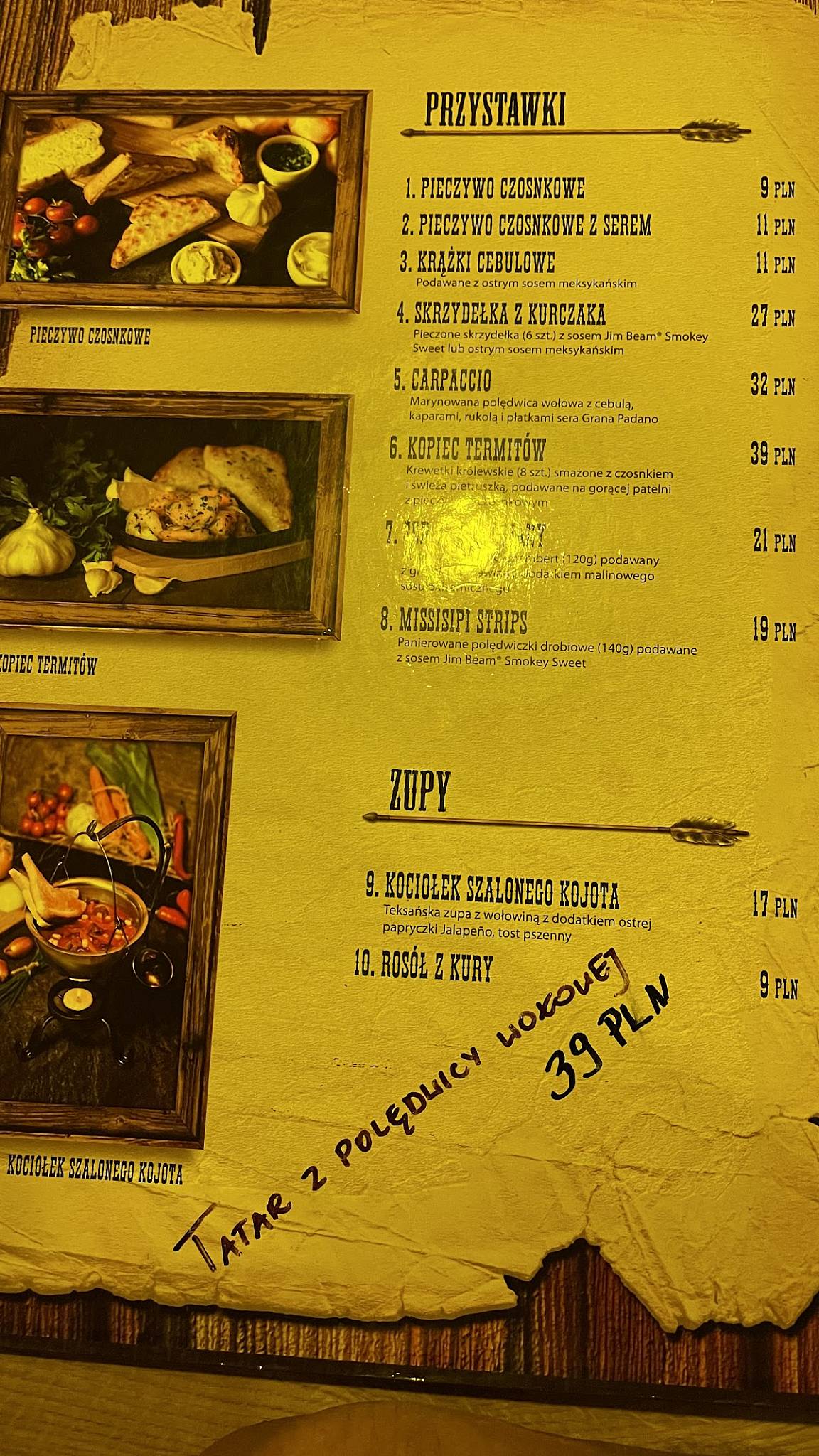 Menu at Sioux steakhouse, Kraków