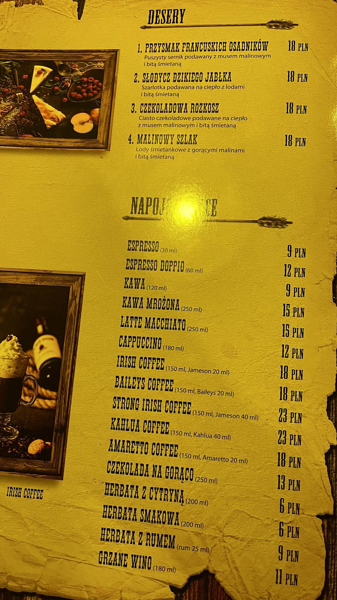 Menu at Sioux steakhouse, Kraków