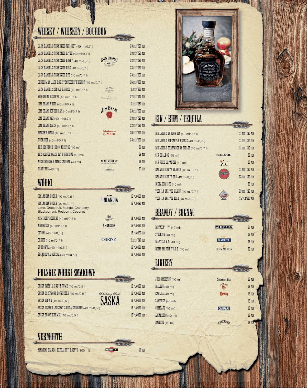 Menu at Sioux steakhouse, Kraków