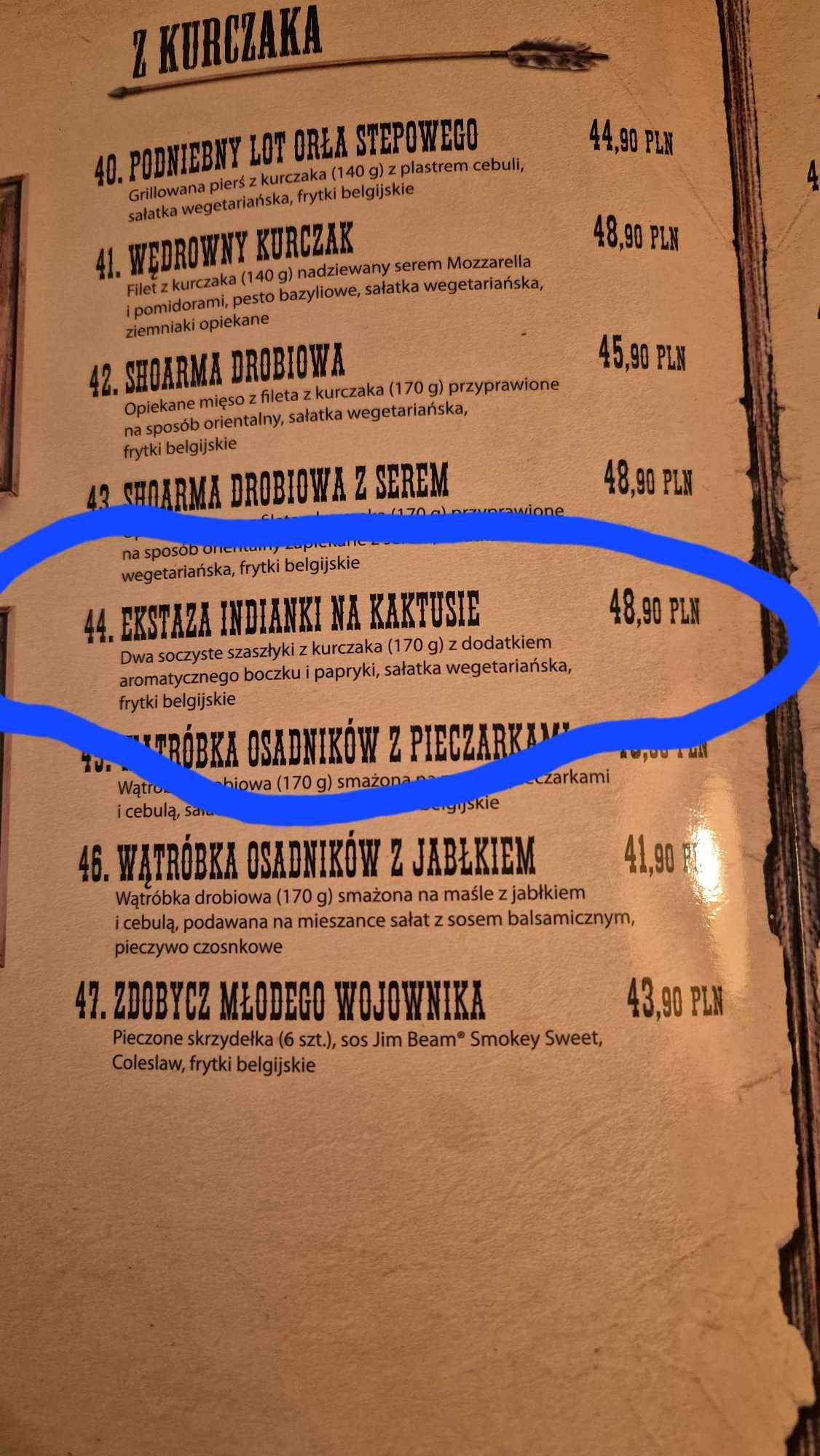 Menu at Sioux steakhouse, Kraków