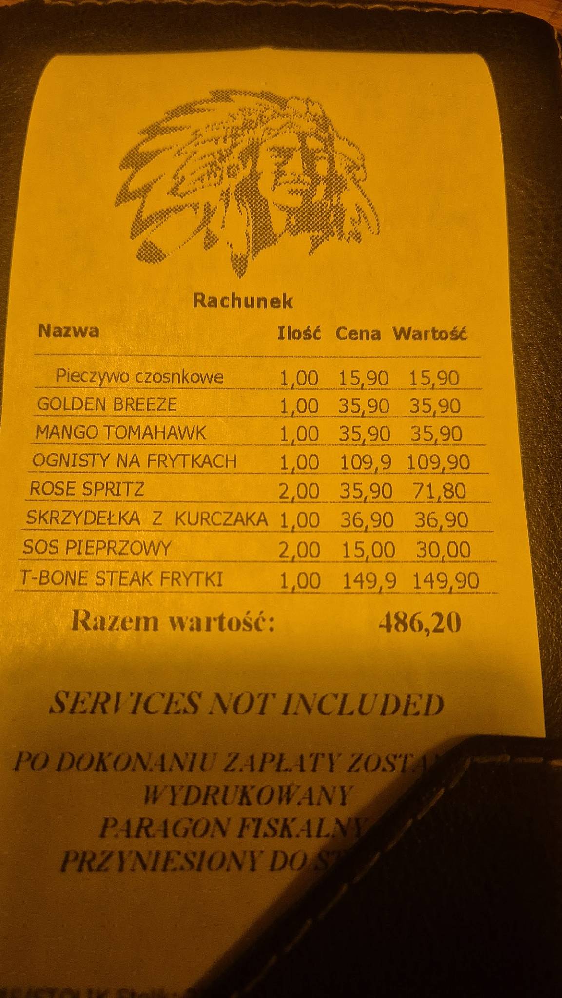 Menu at Sioux steakhouse, Kraków