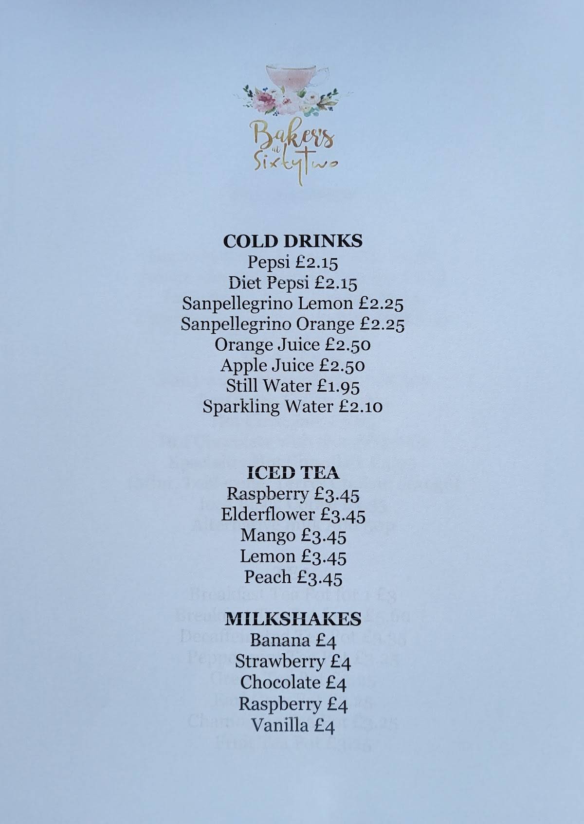 Menu at SixtyTwo cafe, Long Bennington