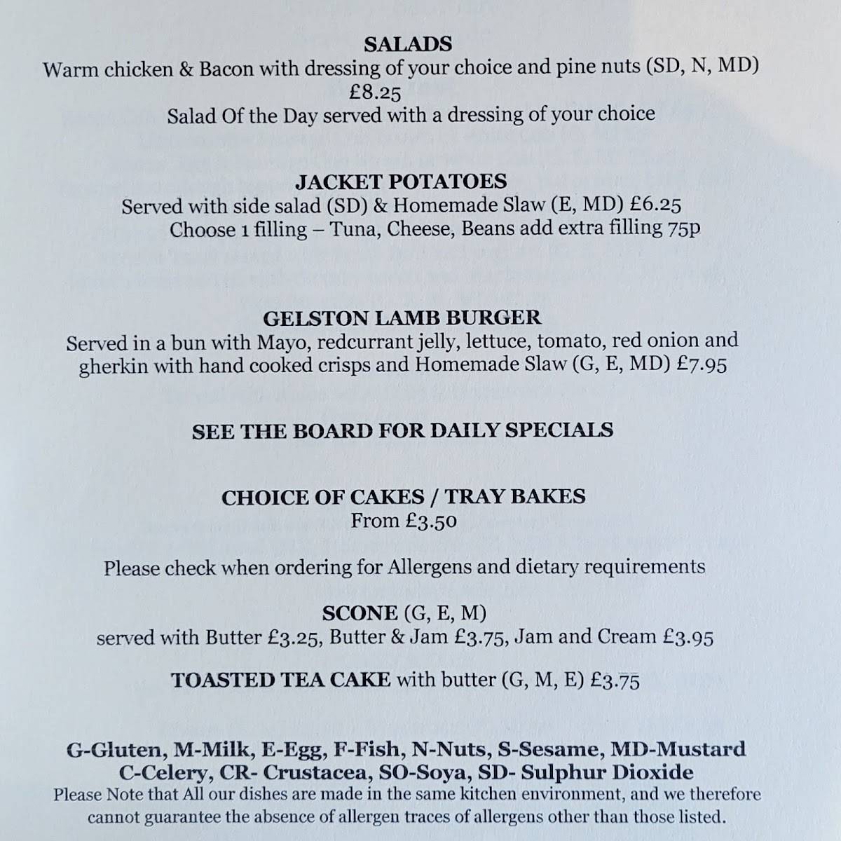 Menu at SixtyTwo cafe, Long Bennington