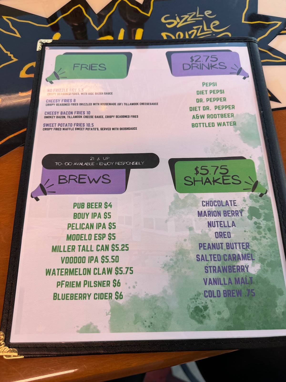 Menu at SkōSH restaurant, Waldport