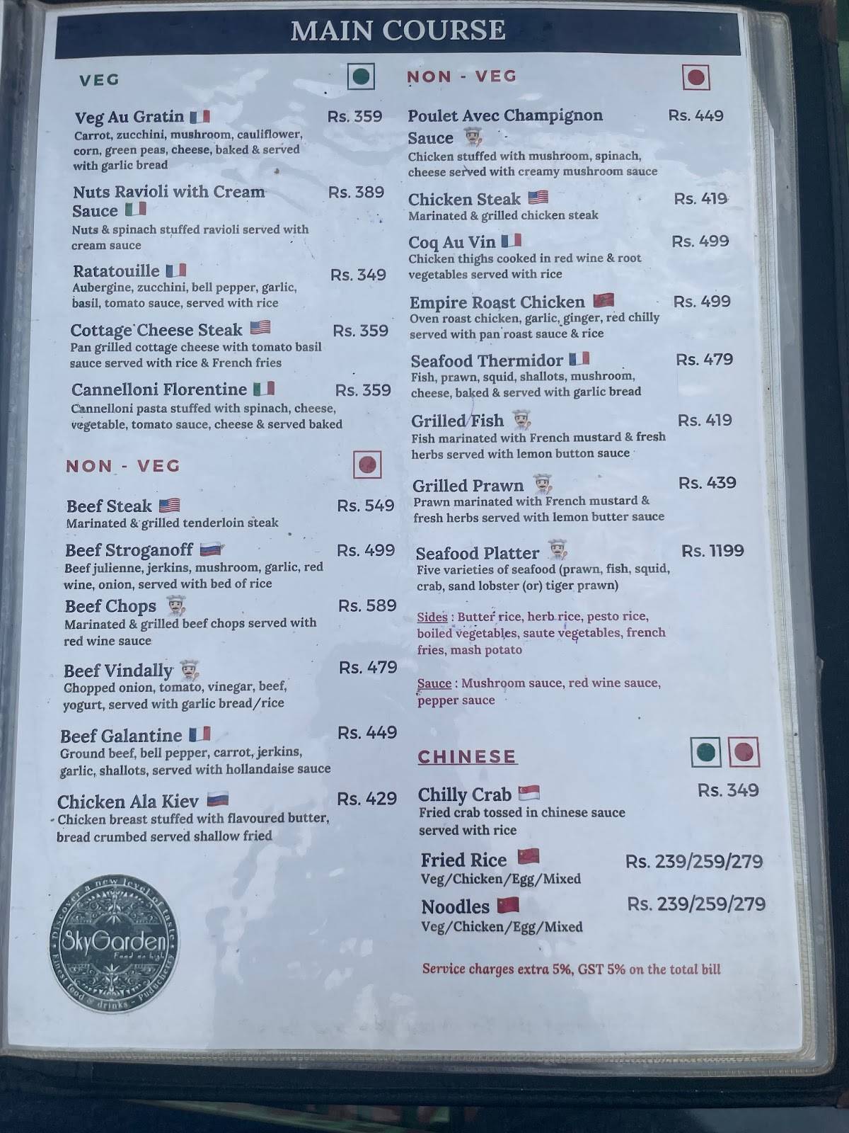 Menu at Sky Garden, Puducherry