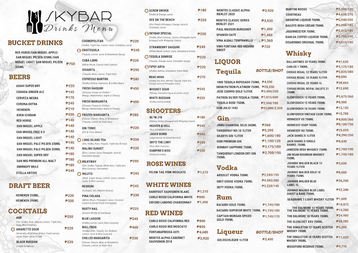 Menu at Skybar - Subic Bay, Subic Bay Freeport Zone