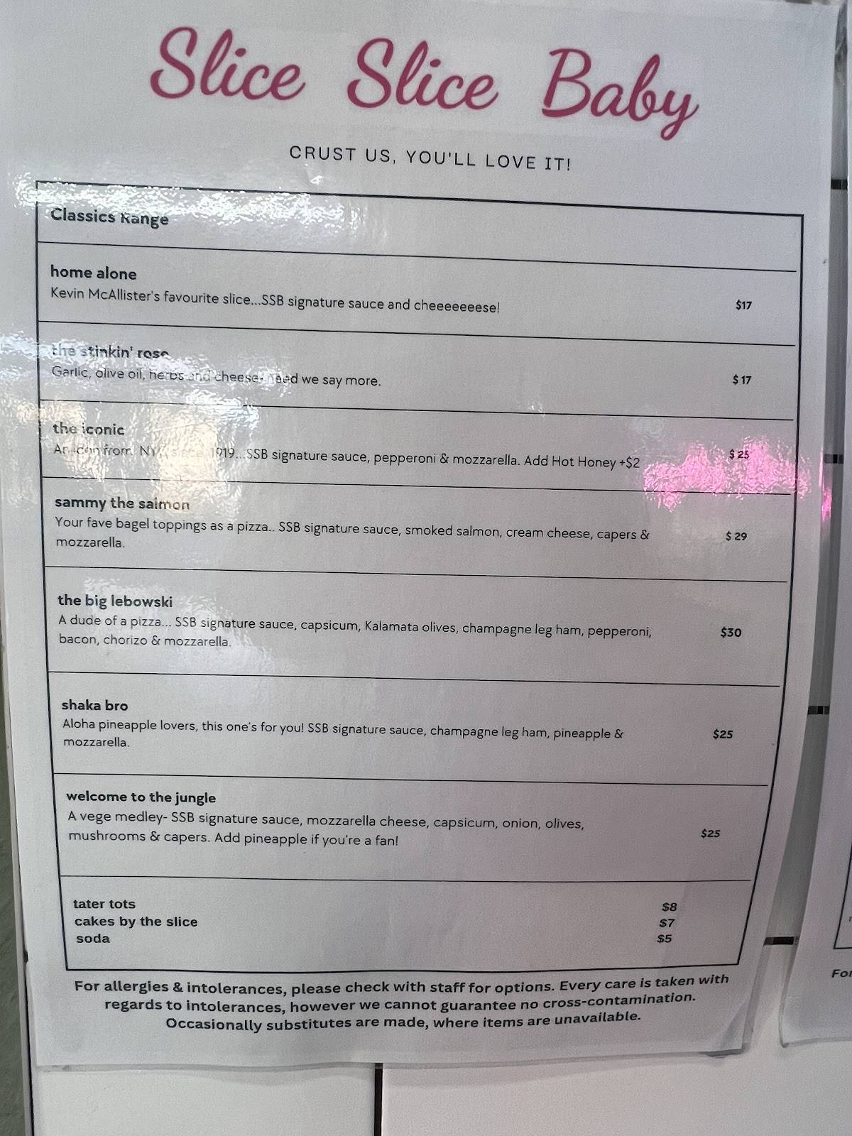 Menu at Slice Slice Baby pizzeria, Whitianga