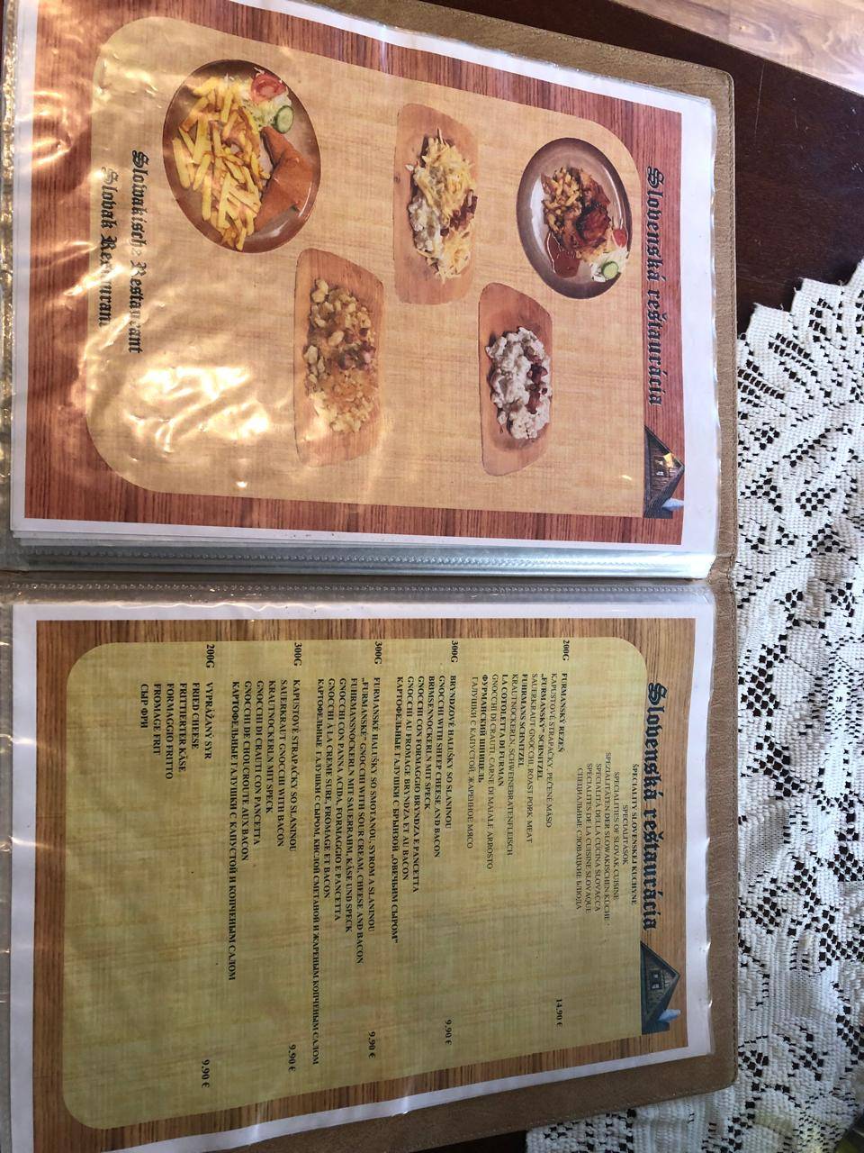 Menu at Slovenská Reštaurácia restaurant, Bratislava, Panská 239