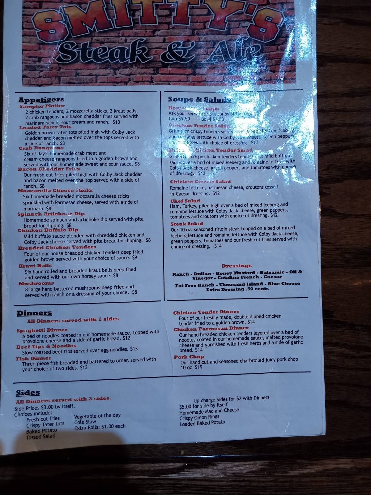 Menu at Smitty's Steak & Ale restaurant, Massillon