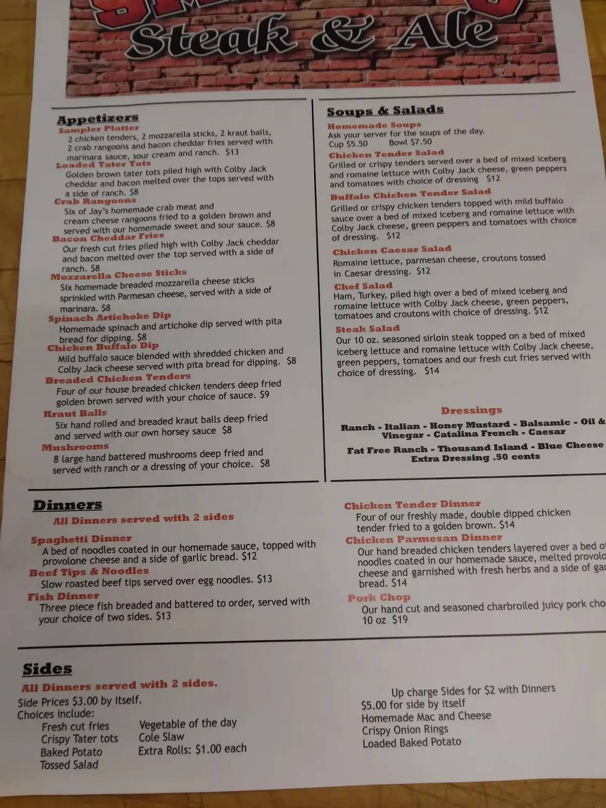 Menu at Smitty's Steak & Ale restaurant, Massillon