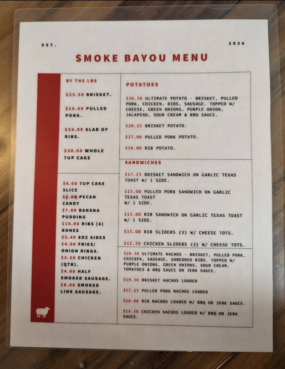 Menu at Smoke Bayou BBQ, Baton Rouge, Inniswold Rd