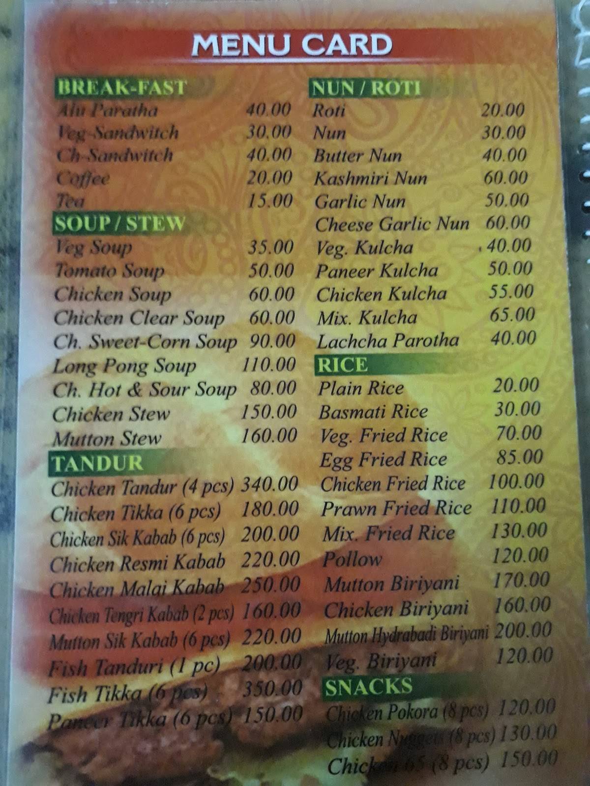 Menu at Snacks Bar, Berhampore