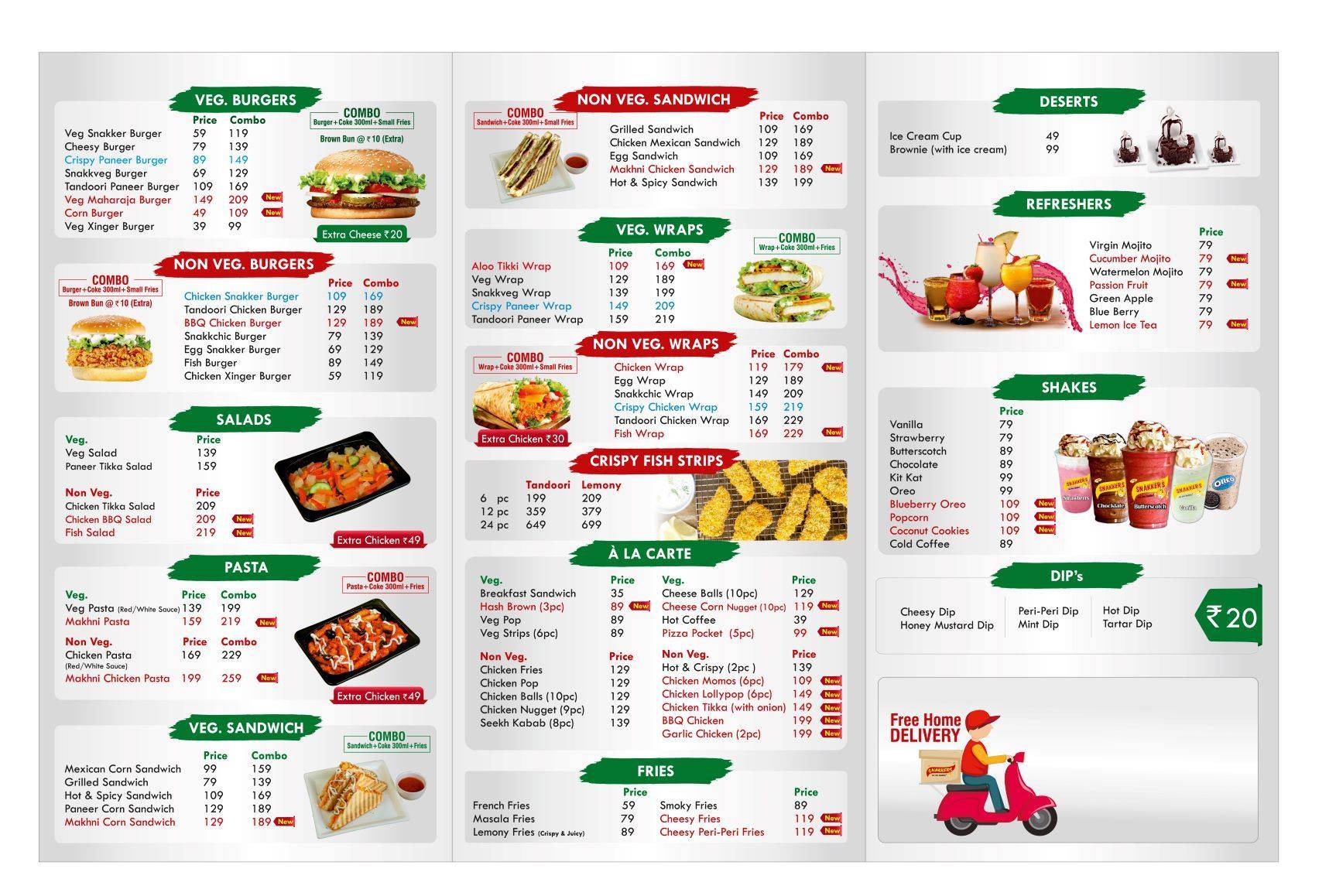 Menu at Snakkers, Jalalabad, Fazilka - Ferozpur Rd