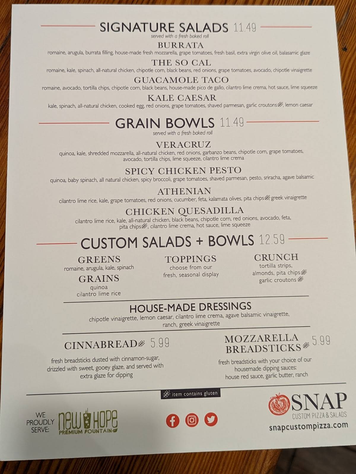 Menu at Snap Custom Pizza pizzeria, Exton
