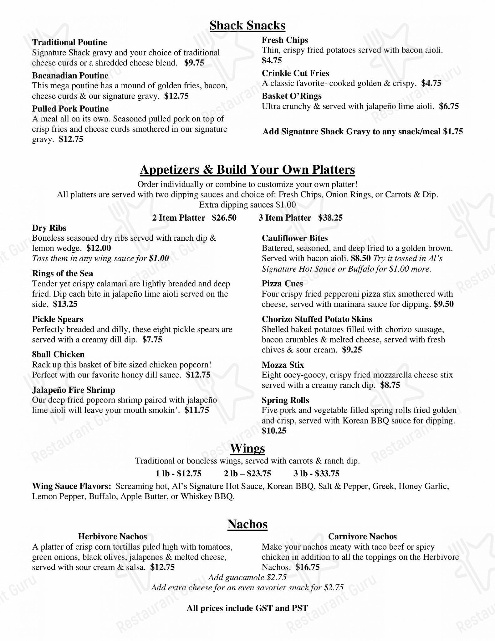 Menu at The Snooker Shack, Saskatoon