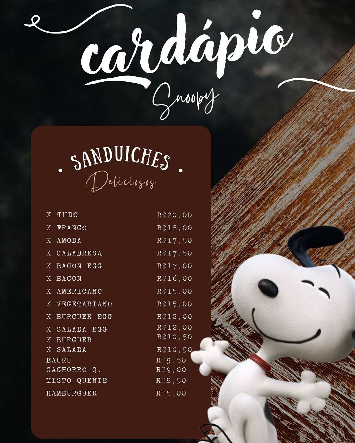 Menu at Snoopy Lanches restaurant, Anápolis