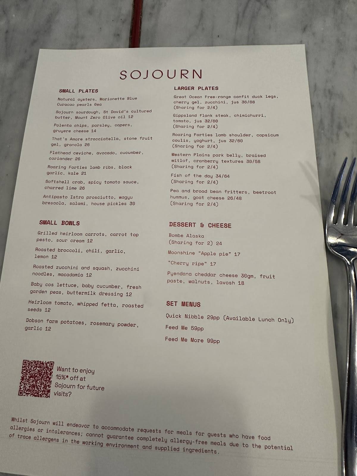 Menu at Sojourn restaurant, Melbourne, 501 Bourke Street