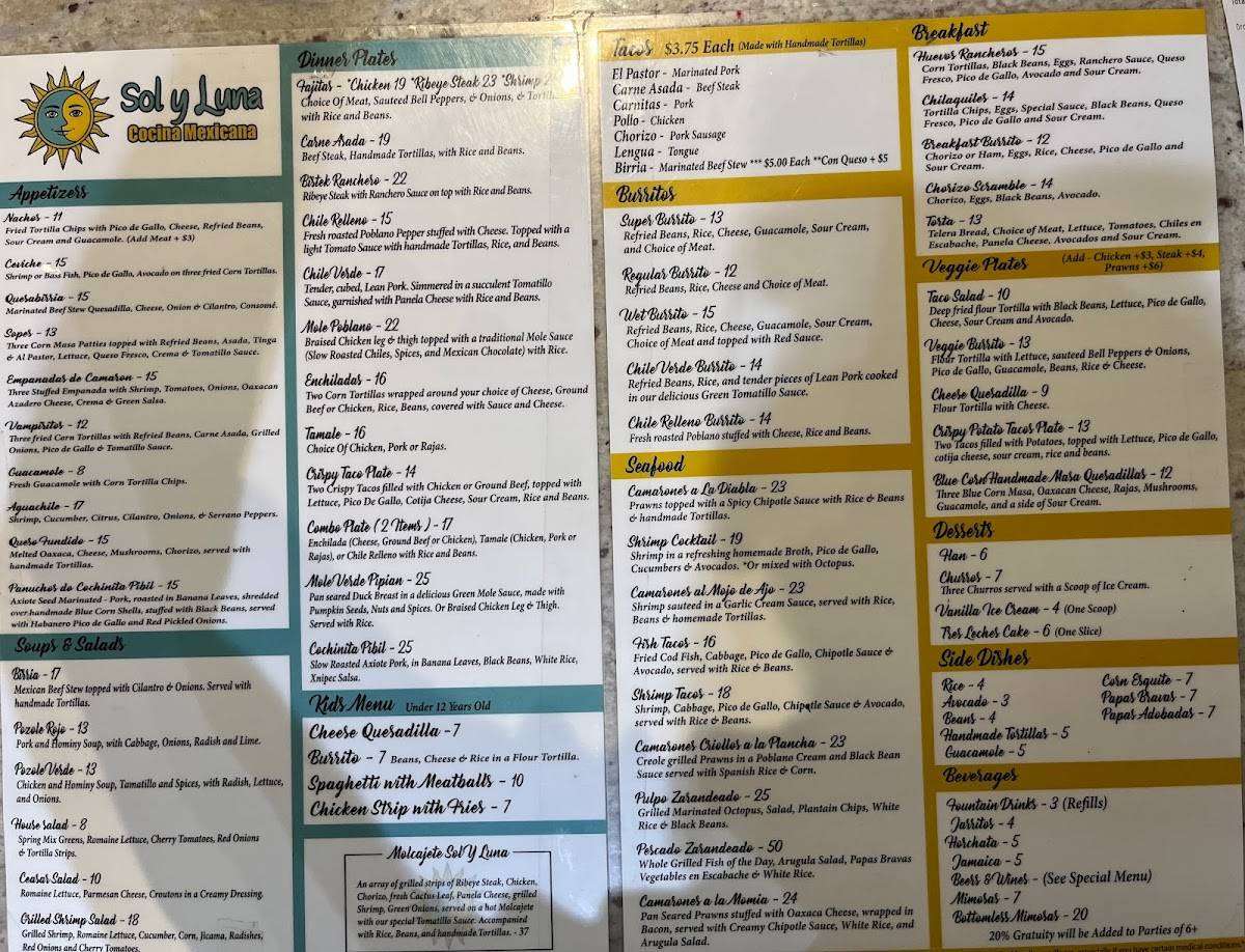 Menu at Sol y Luna Cocina Mexicana restaurant, Pleasant Hill