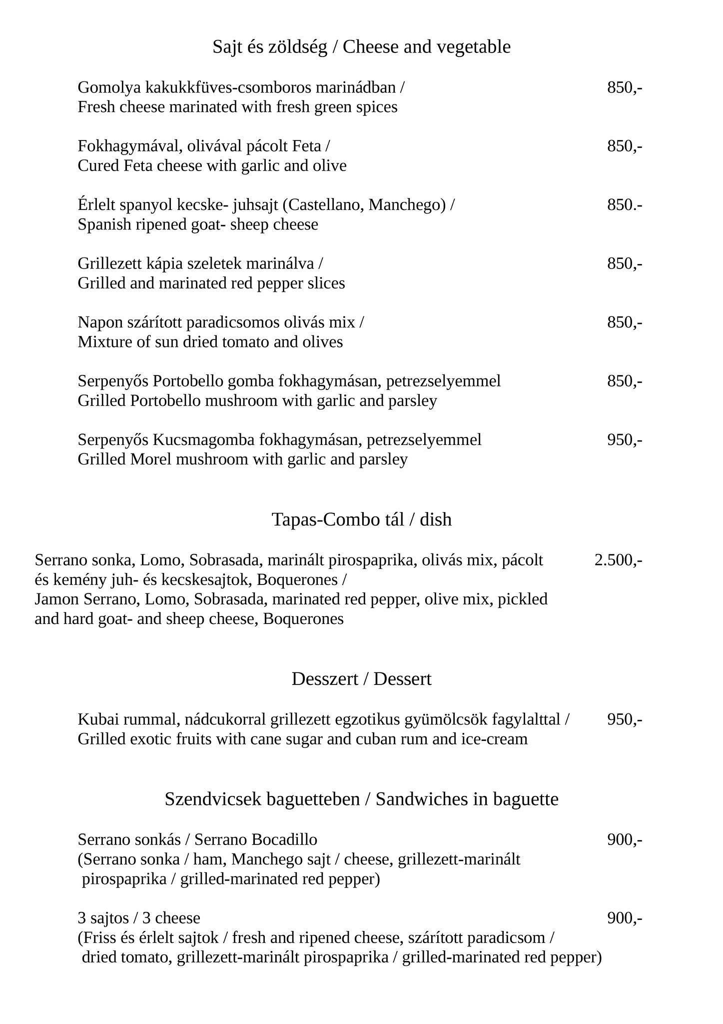 Menu at Solera pub & bar, Budapest