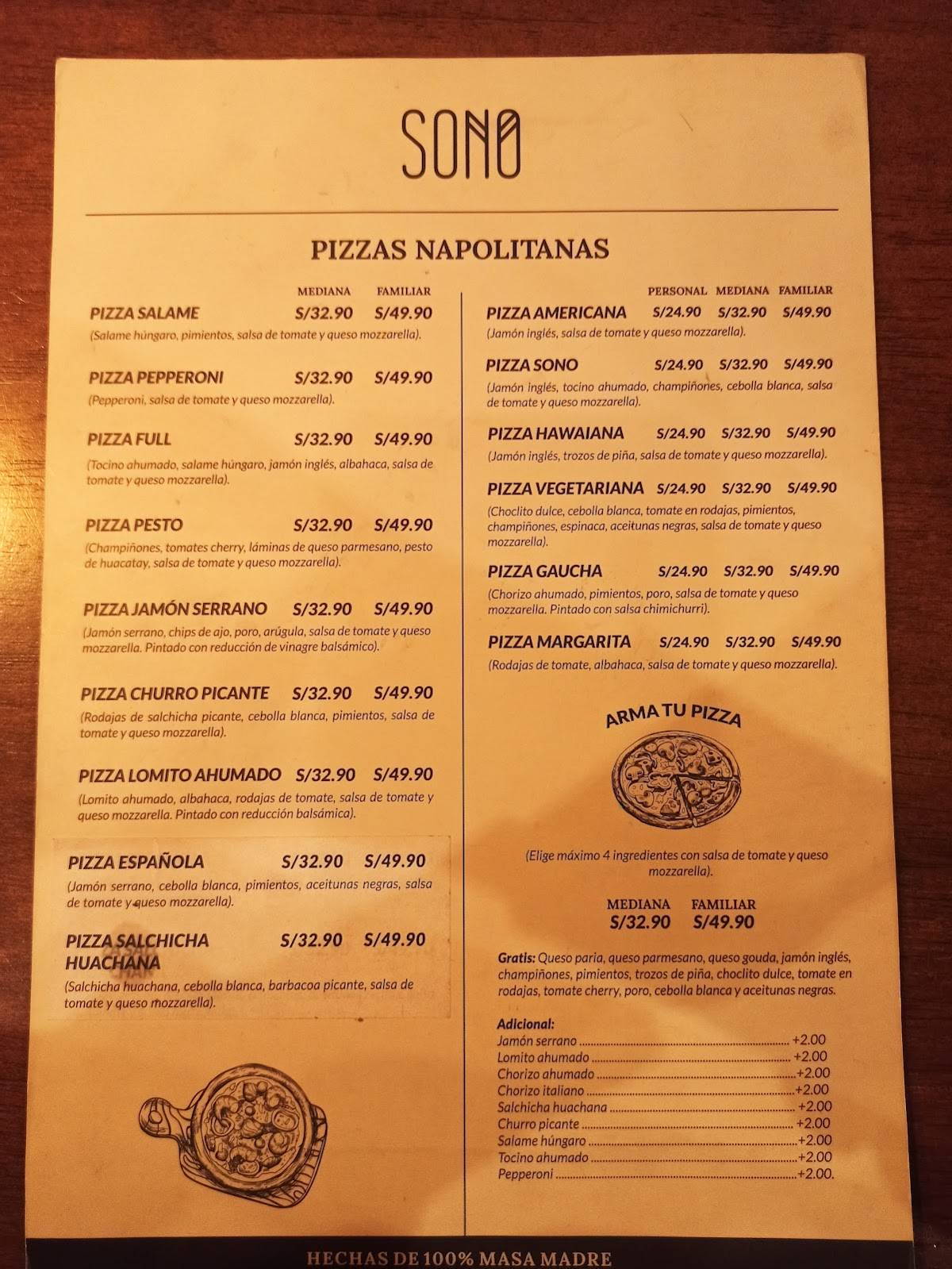 Carta del restaurante Sono, Arequipa